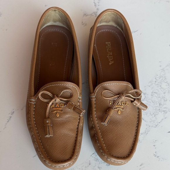 Prada | Shoes | Prada Saffiano Tan Leather Driving Loafers Womens Size ...